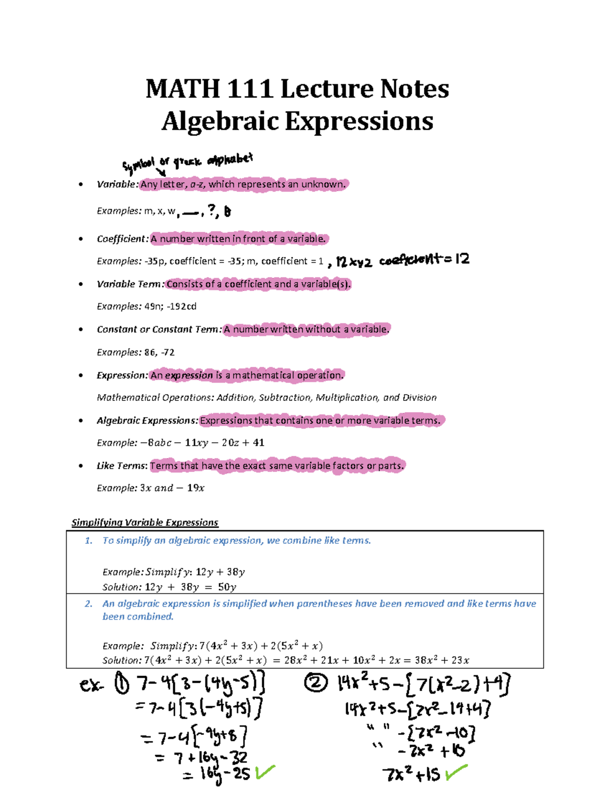 MATH 111 - algebraic expressions - MATH 111 Lecture Notes Algebraic ...