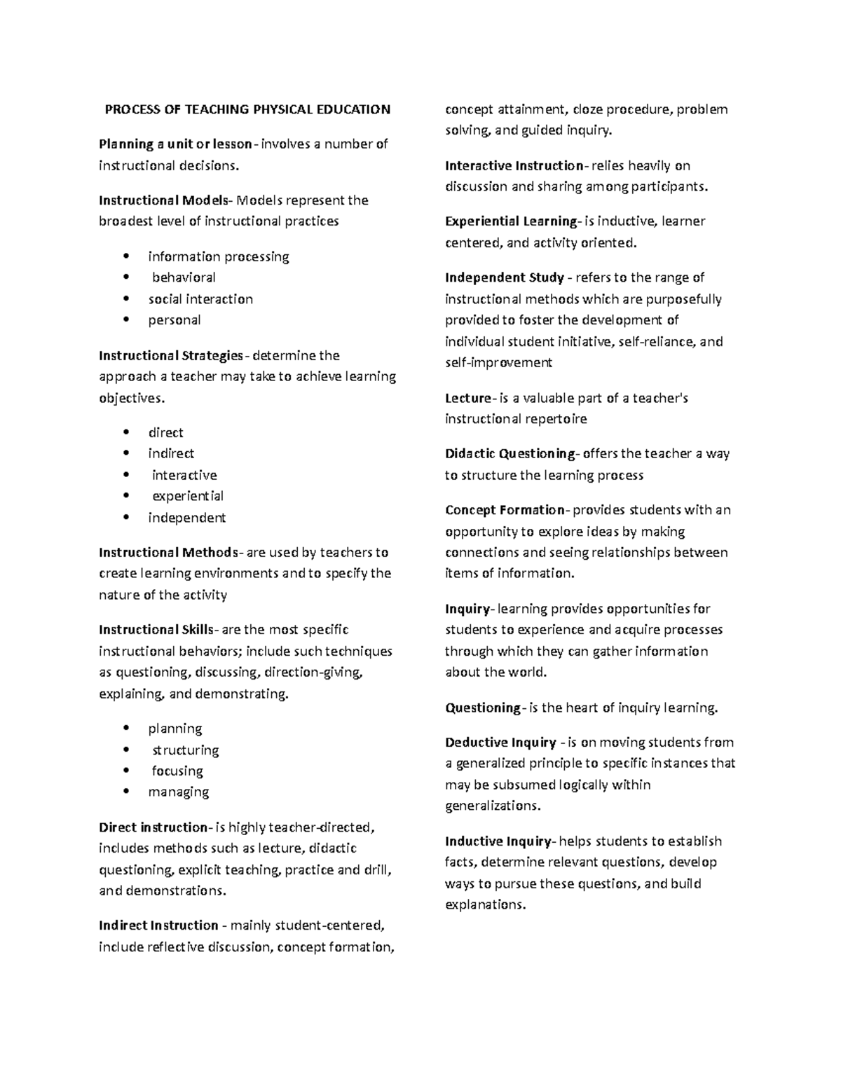 PED 105 106 reviewer - LET ENHANCEMENT - PROCESS OF TEACHING PHYSICAL ...
