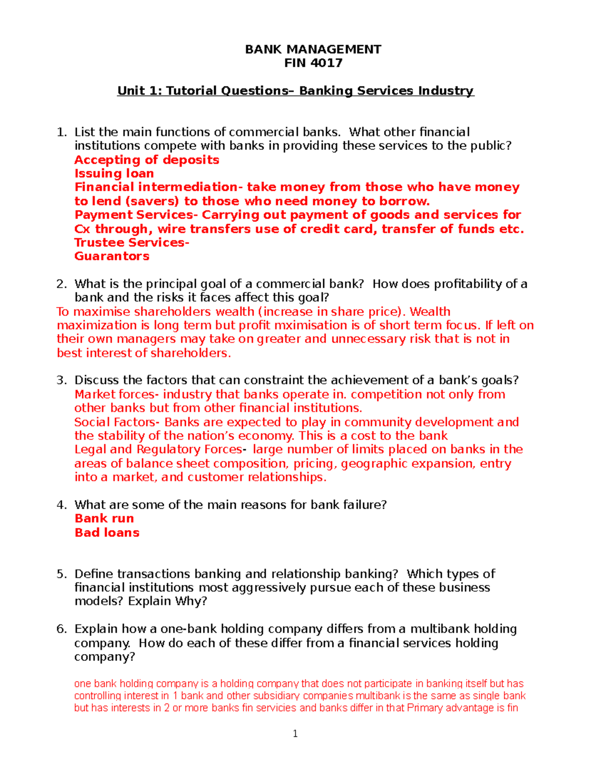 Bank Management Tutorial Unit 1 - BANK MANAGEMENT FIN 4017 Unit 1 ...