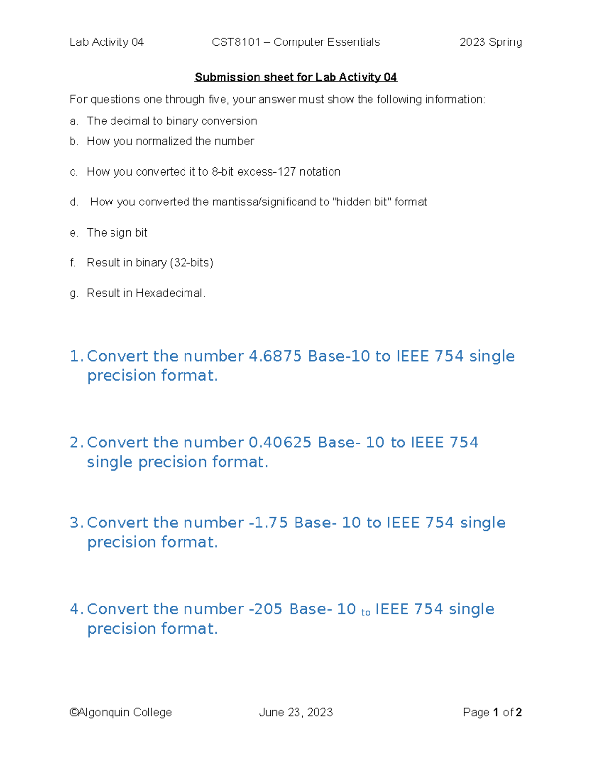 Lab Activity 04 Submission Sheet - Lab Activity 04 CST8101 – Computer Essentials 2023 Spring ...
