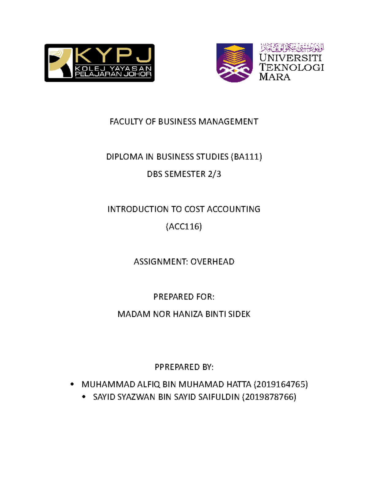 Assignment Accounting (Overhead) - FACULTY OF BUSINESS MANAGEMENT ...