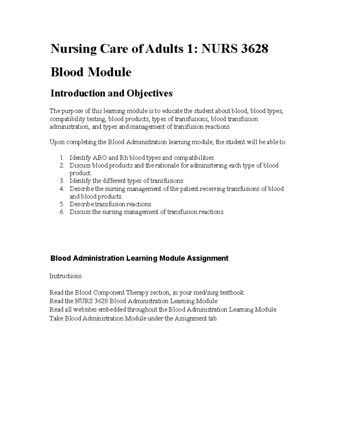 Blood Transfusion Module - Nursing Care of Adults 1: NURS 3628 Blood ...