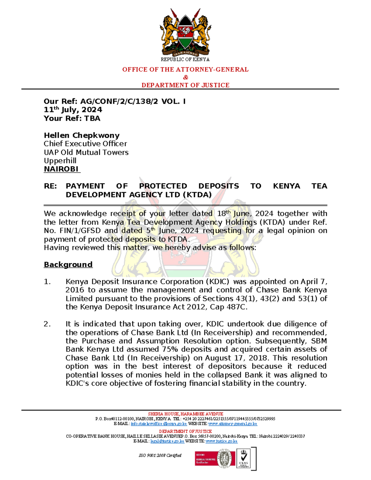 11.7.24- Letter KDCI payment to KTDA - REPUBLIC OF KENYA OFFICE OF THE ...