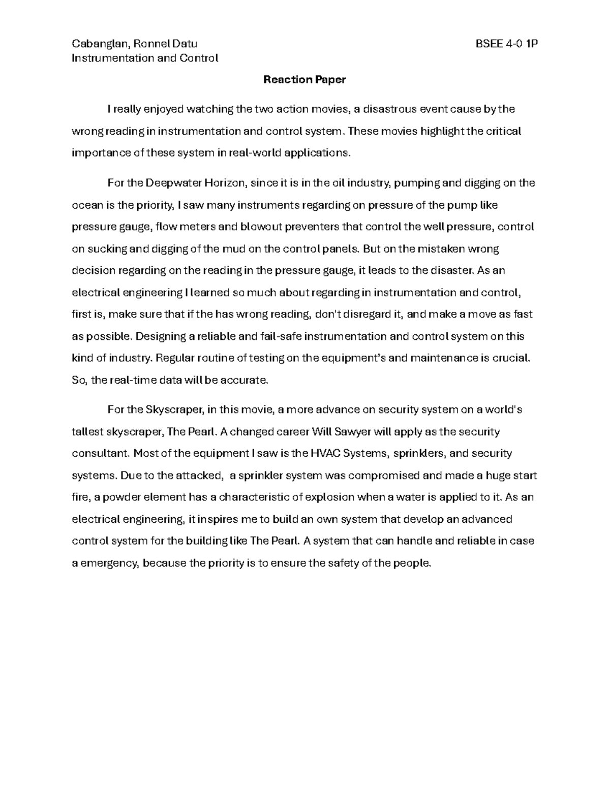 Cabanglan - Instrumentation and Control - Cabanglan, Ronnel Datu BSEE 4 ...