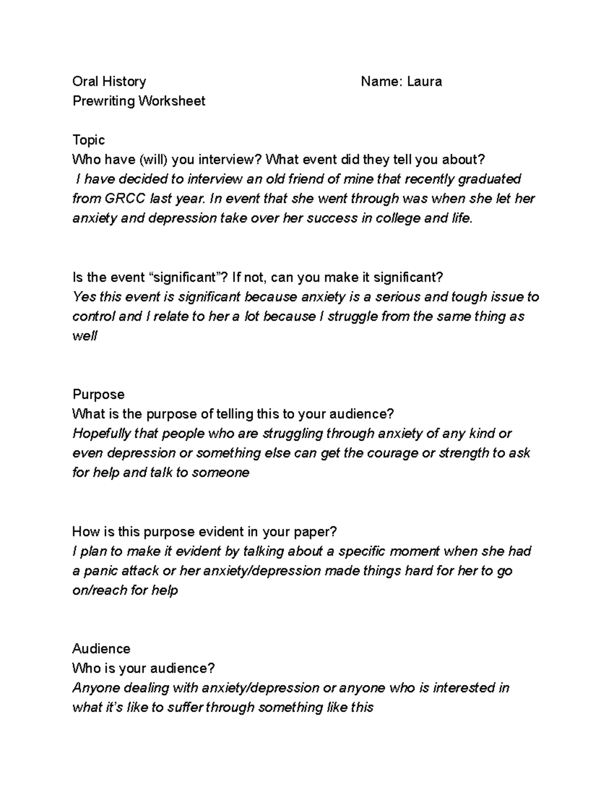 ::Oral History Prewriting Worksheetw - Oral History Name: Laura ...