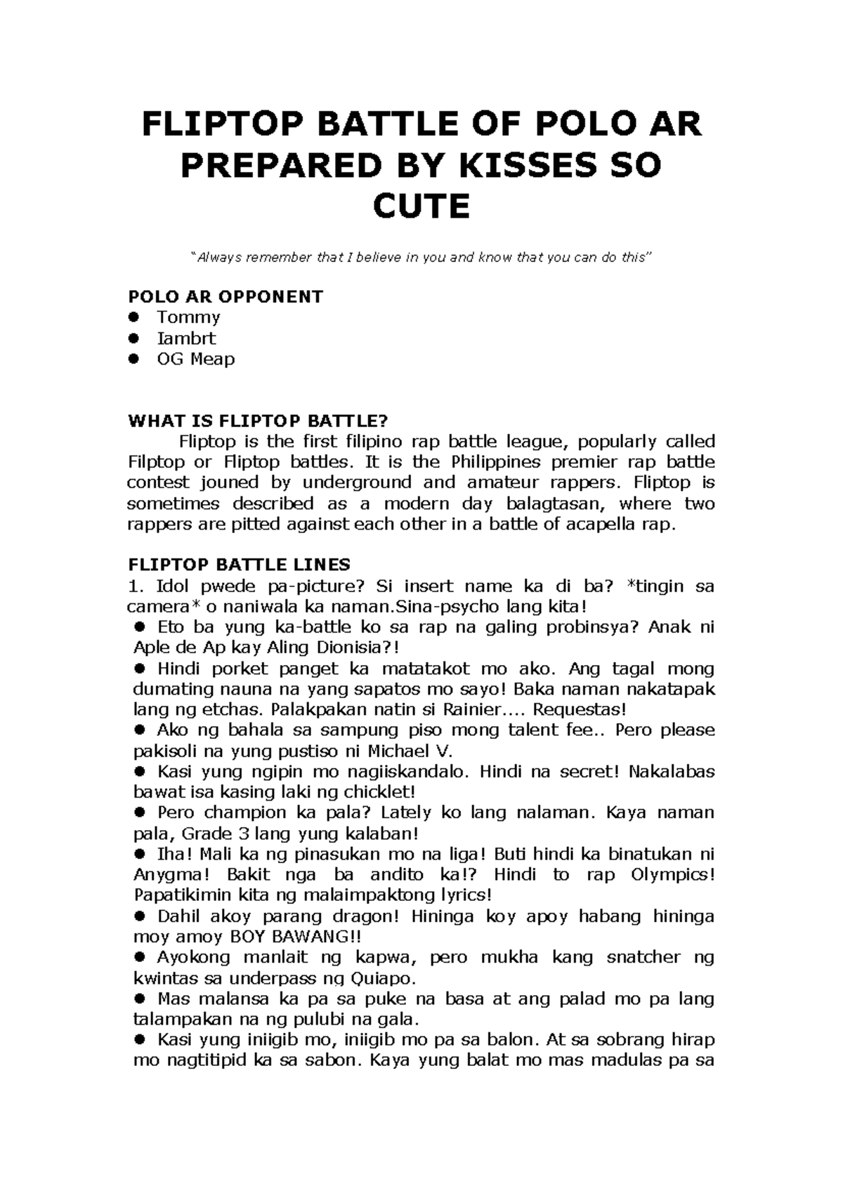 FLIPTOP BATTLE LINES - FLIPTOP BATTLE OF POLO AR PREPARED BY KISSES SO ...