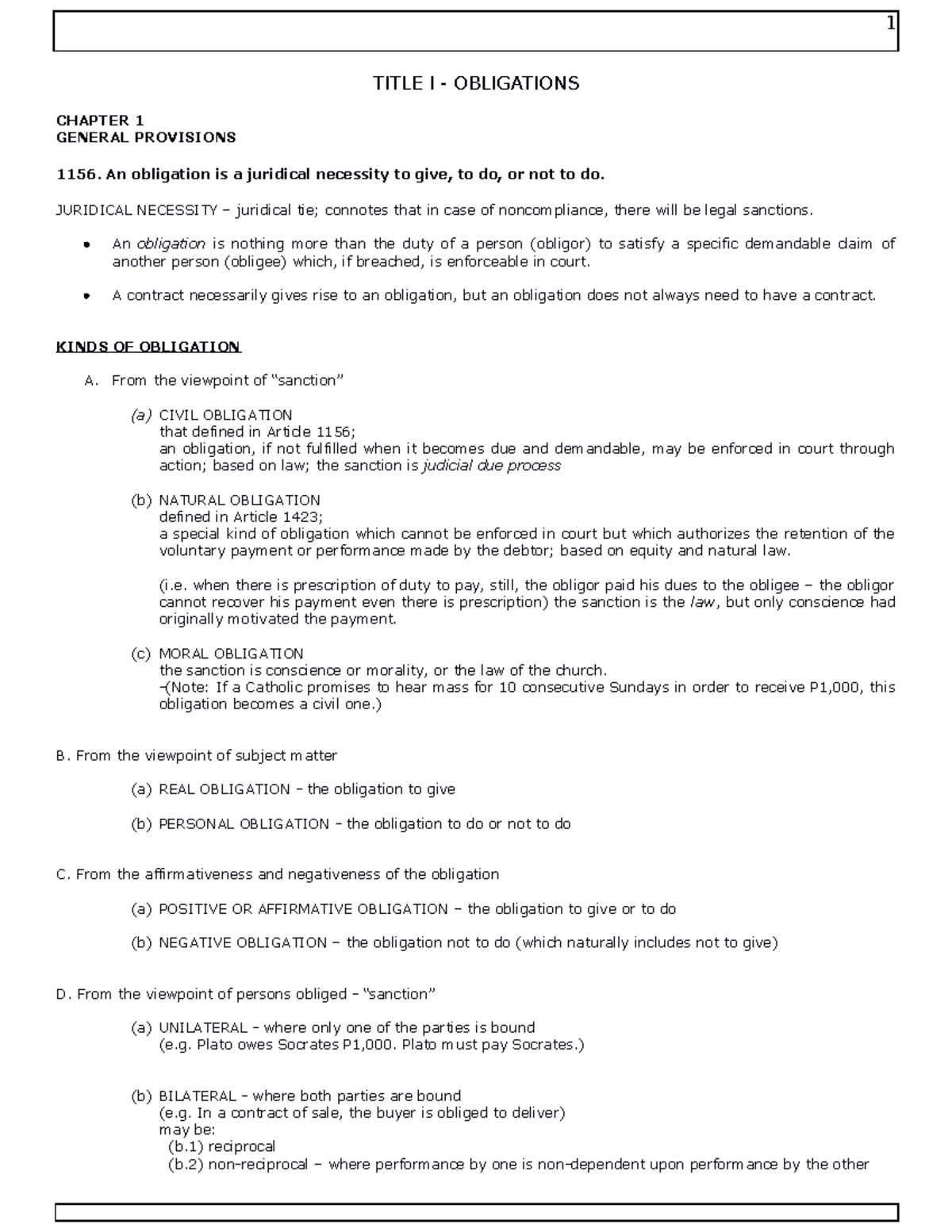 LAW ON Obligations AND Contracts Reviewer - TITLE I - OBLIGATIONS CHAPTER 1 GENERAL PROVISIONS ...