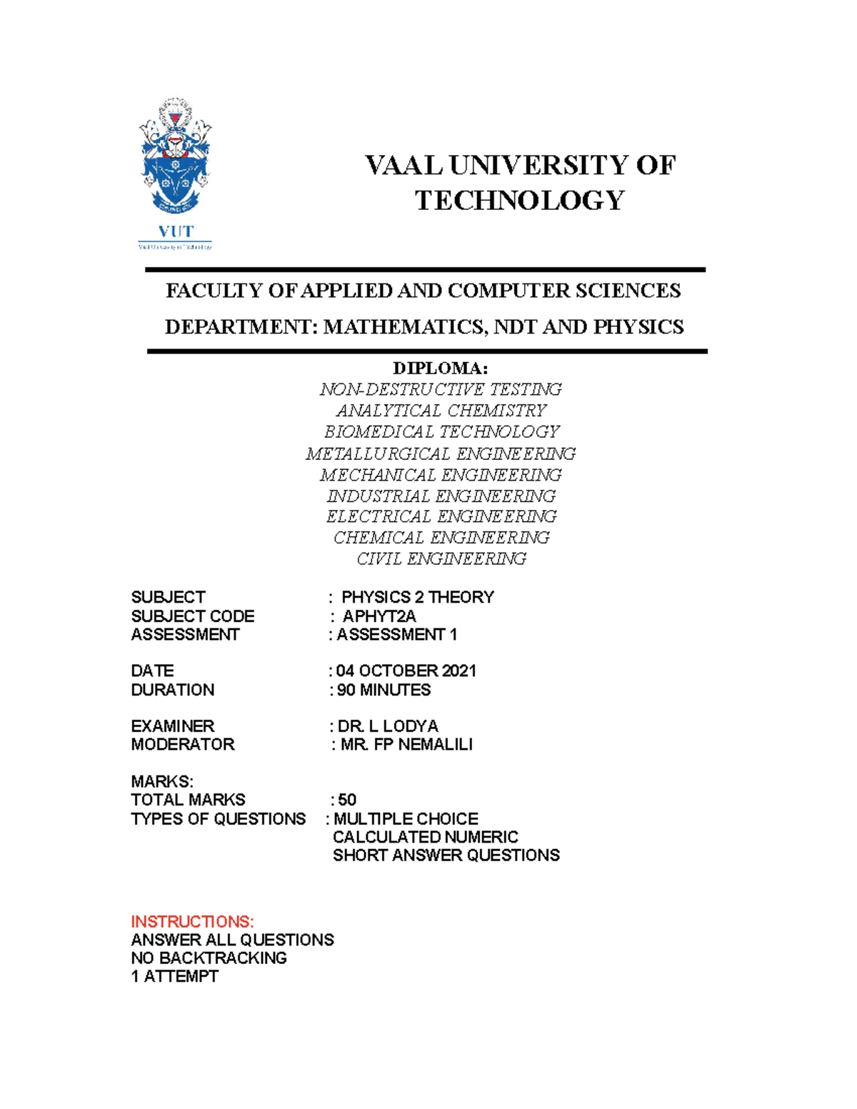 2021 Physics 2 SEM 2 Assessment 1@ Moderated - SUBJECT : PHYSICS 2 ...
