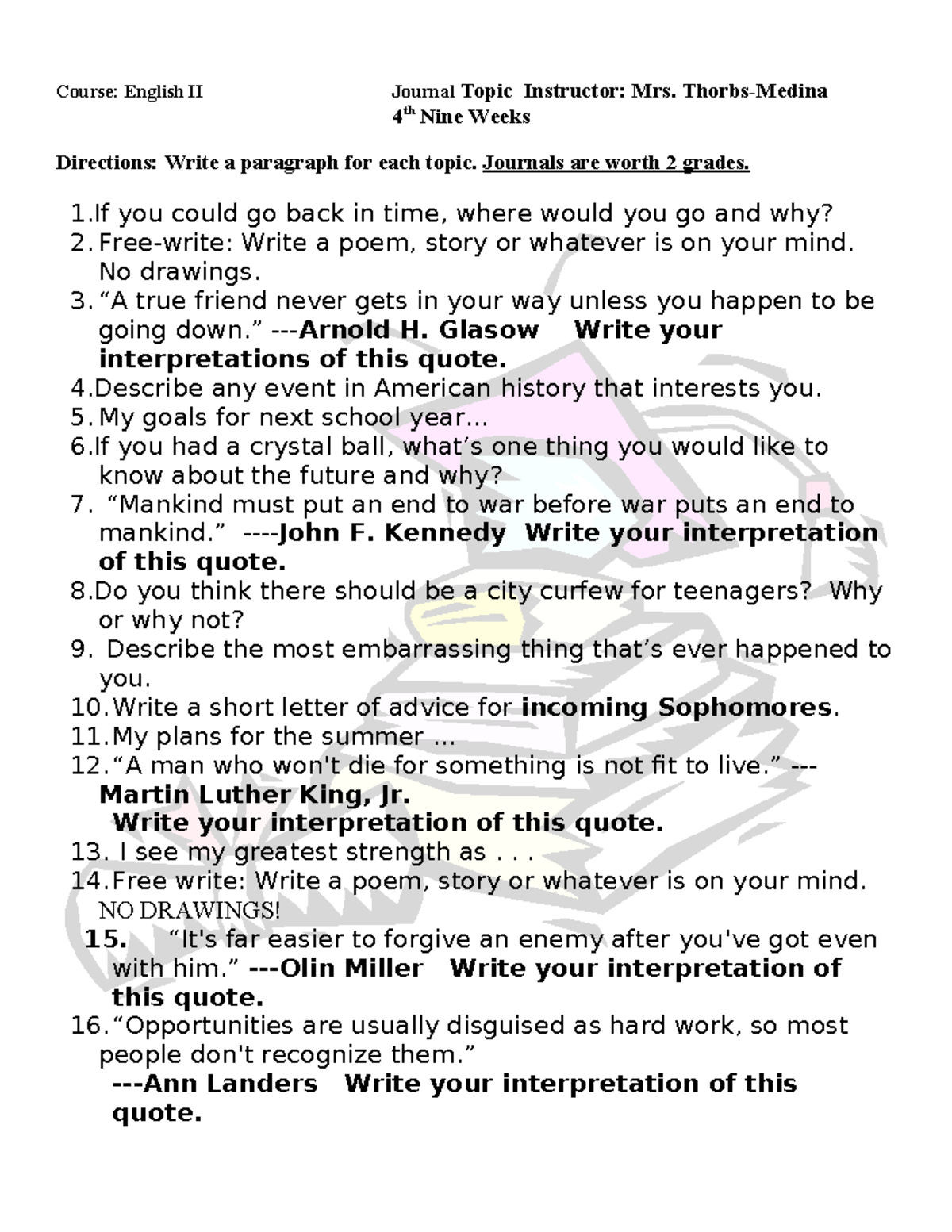 Journals ENG II 4th Nine weeks - Course: English II Journal Topic ...