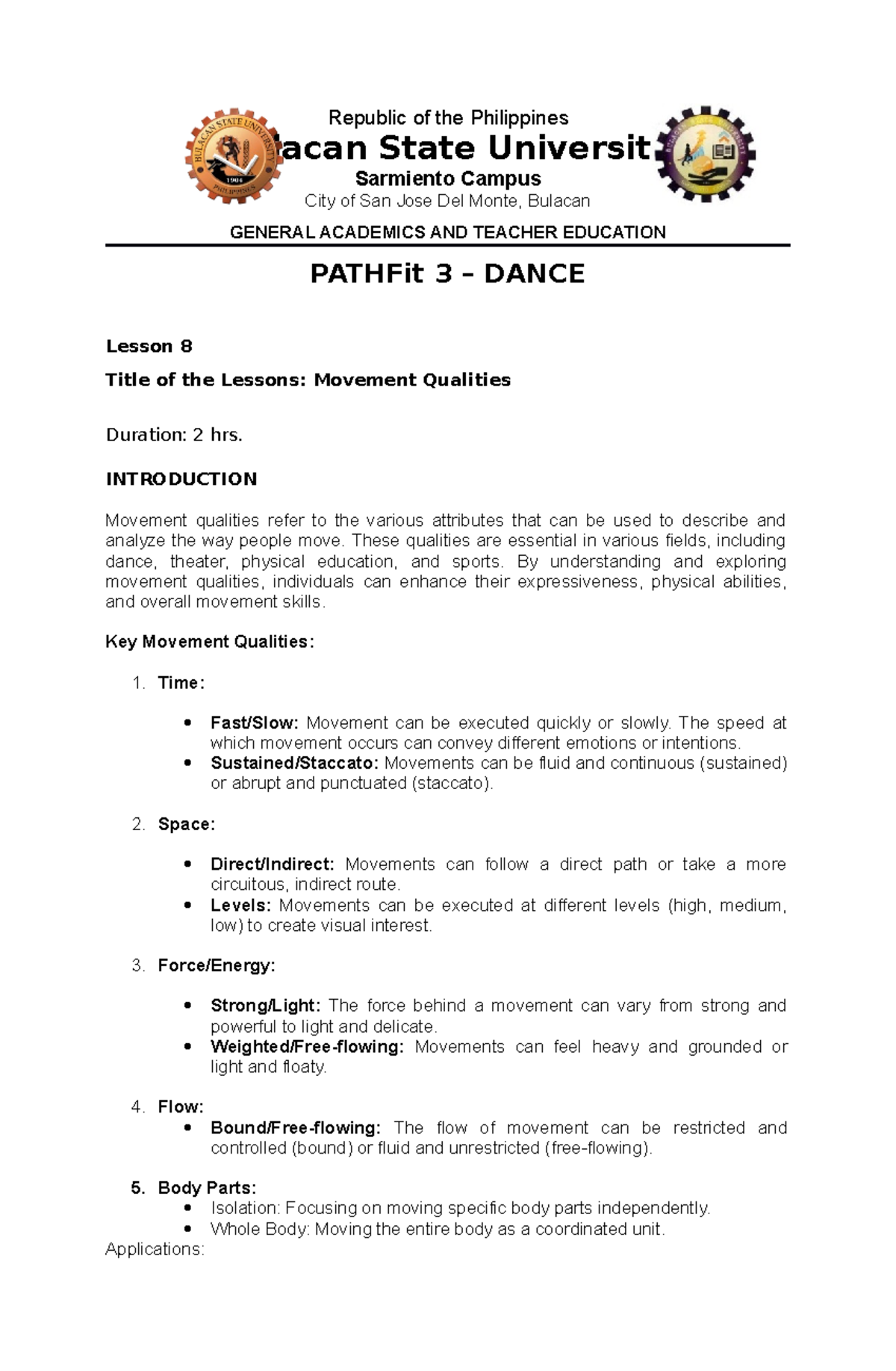 Pathfit 3 Lesson 8 Movement Qualities - Republic of the Philippines ...