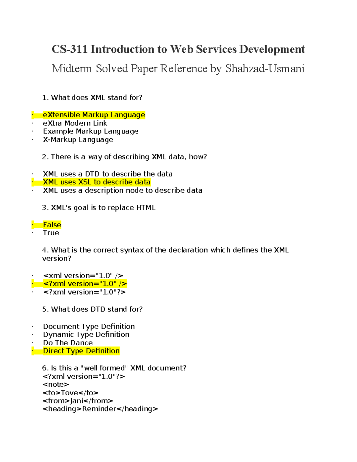 CS311 midterm sloved paper (vukiduniya - CS-311 Introduction to Web ...