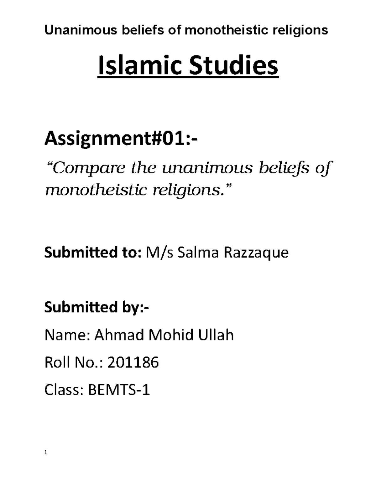 Compare the unanimous beliefs of monotheistic religions - Islamic ...