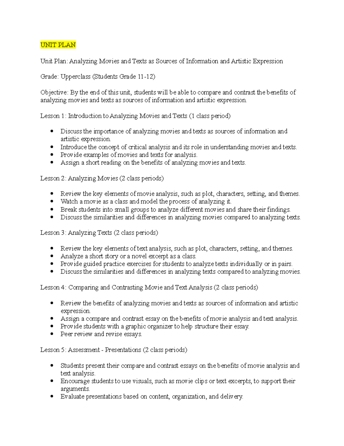 English Week 4 Instructional Material - UNIT PLAN Unit Plan: Analyzing ...