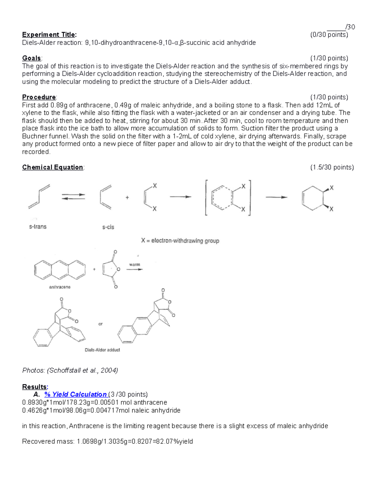 Lab Report 10 Diels Alder Reaction 9 10dihydroanthracene 9,10α,βsuccinic acid anhydride - Studocu