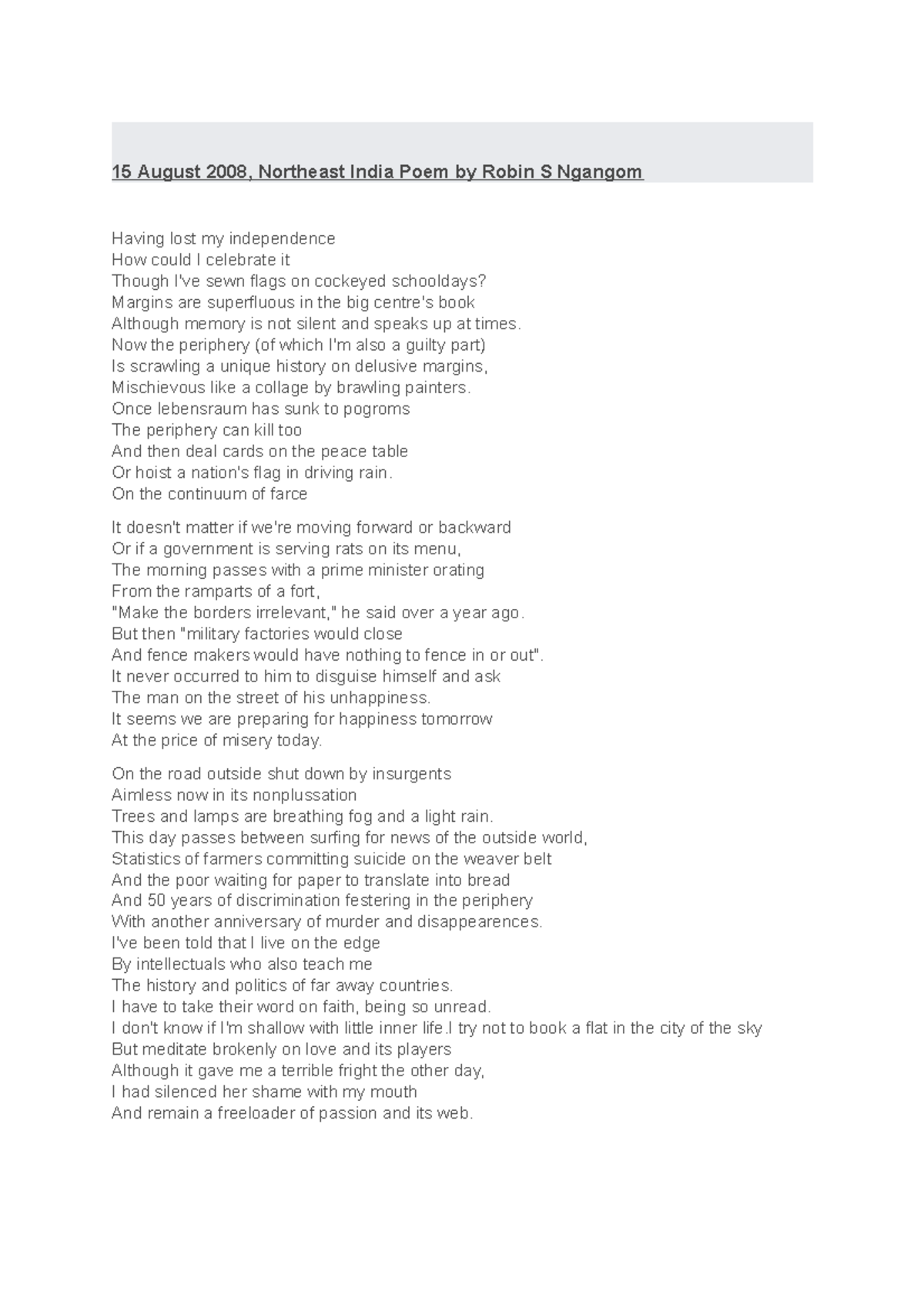 15 August 2008 - sdfwefwfwefew - 15 August 2008, Northeast India Poem ...