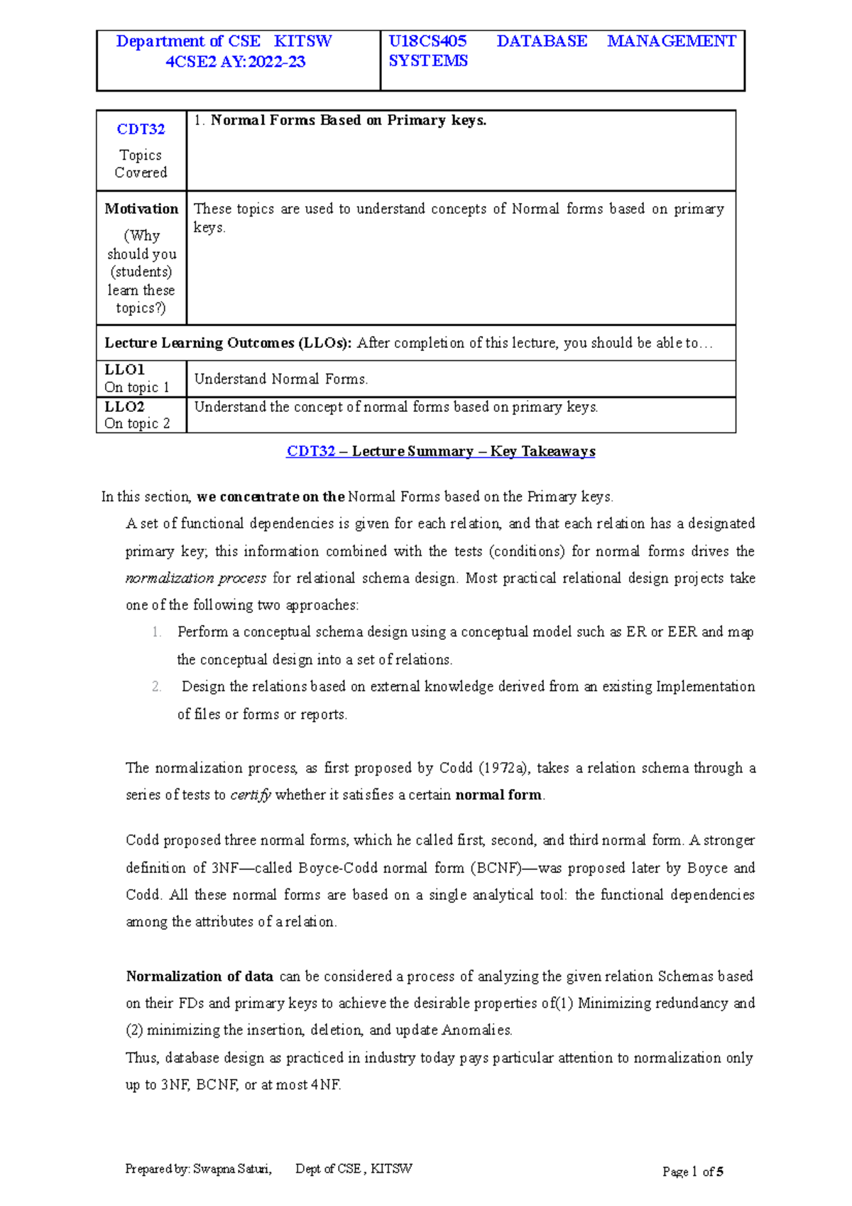Dbms Cdt32 Summary 4cse2 4cse2 Ay2022 Systems Cdt Topics Covered Normal Forms Based On
