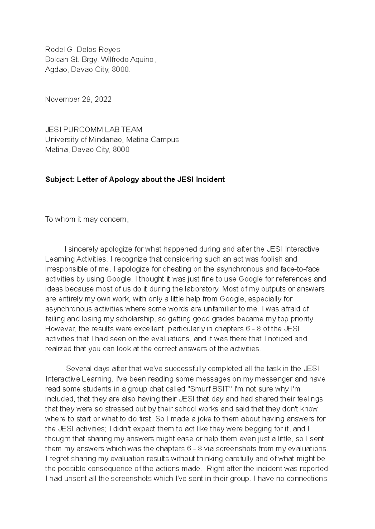 Letter of Apology - hhukhg - Rodel G. Delos Reyes Bolcan St. Brgy ...