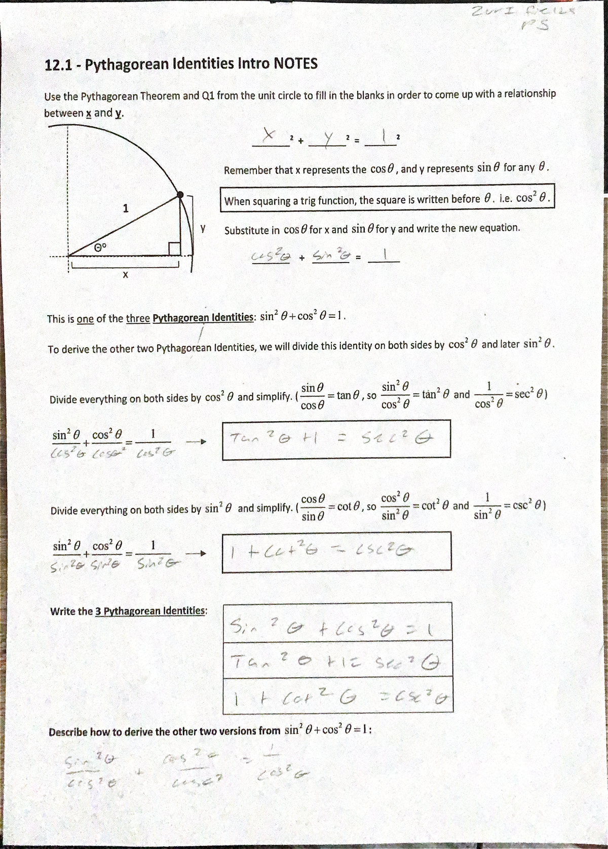 12.1 - Pythagorean Identities Intro Notes - Studocu