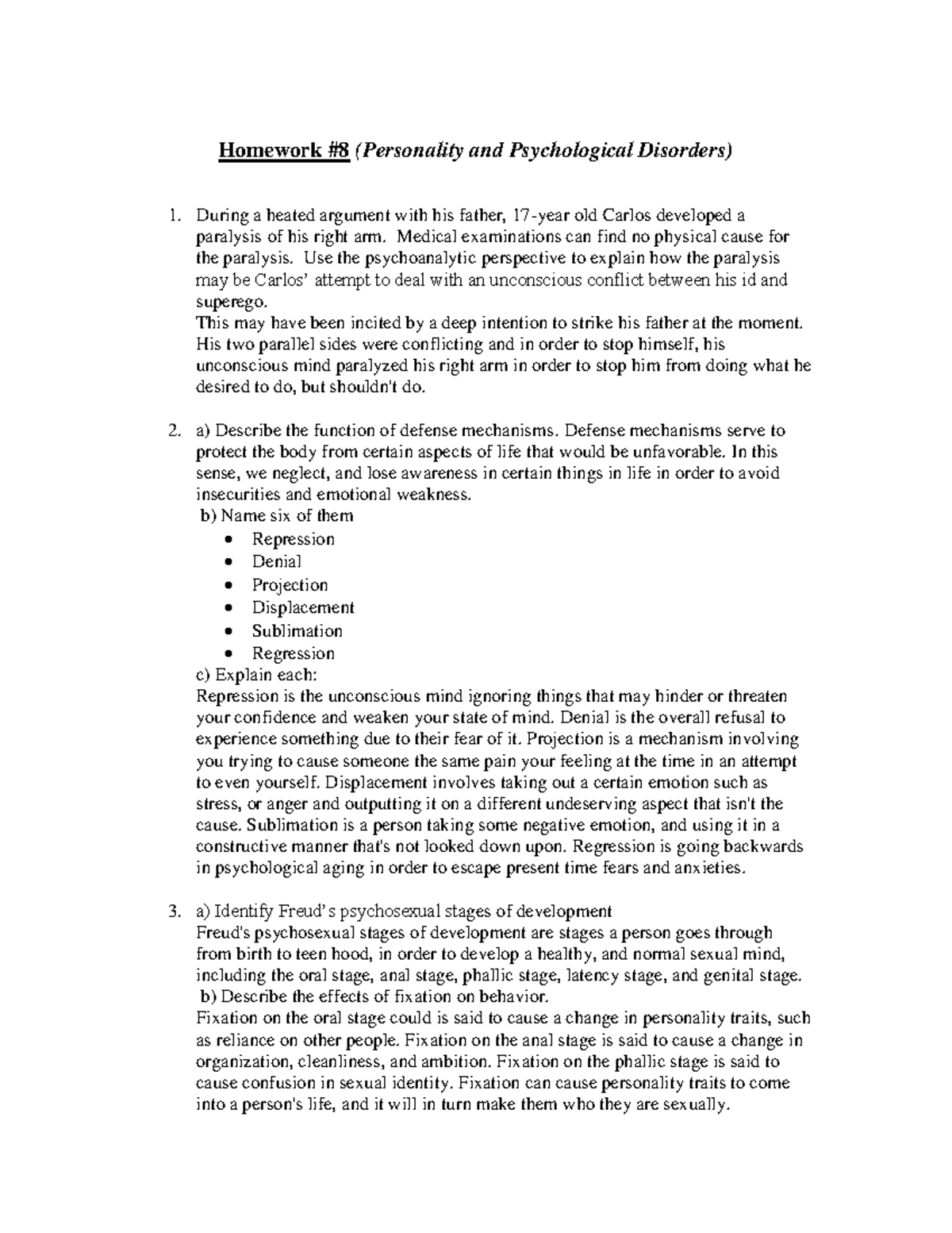 Homework 8 Personality and Psychological Disorders - Homework #8 ...
