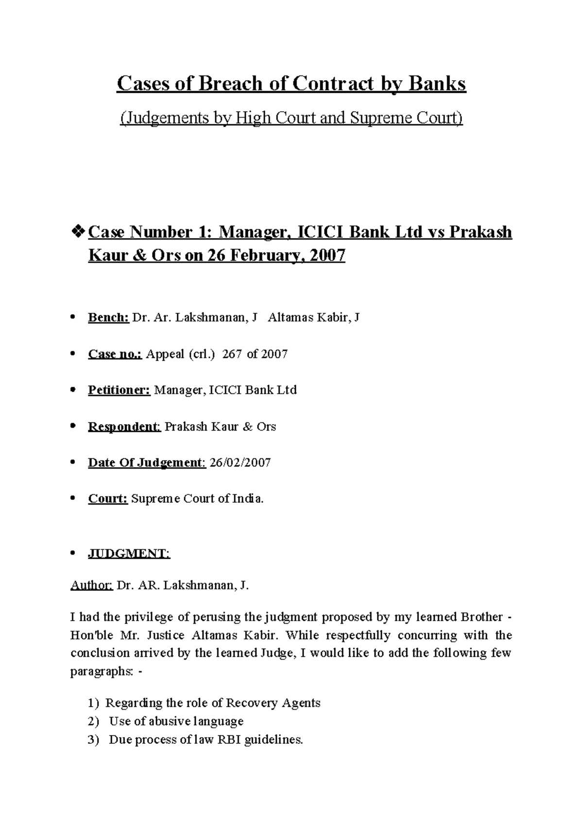 Cases of Breach of Contract by Banks - Cases of Breach of Contract by ...