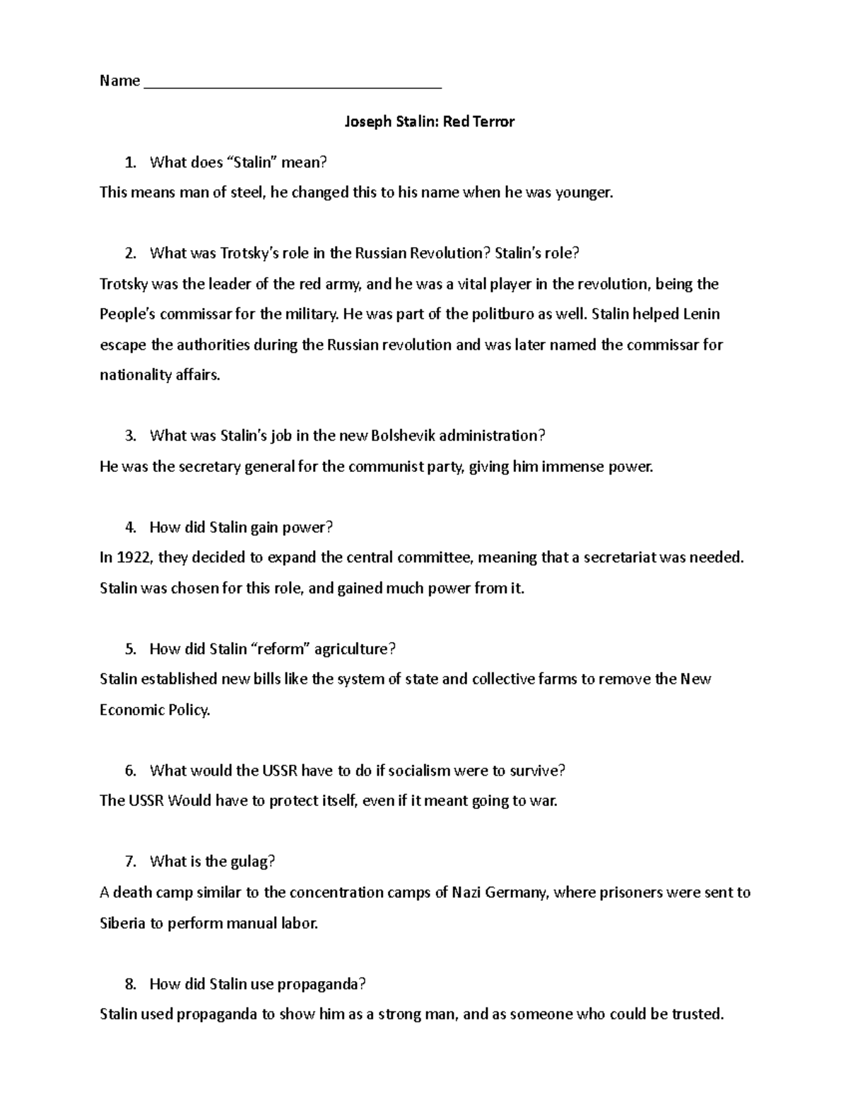 Stalin Red Terror Questions - Name ...