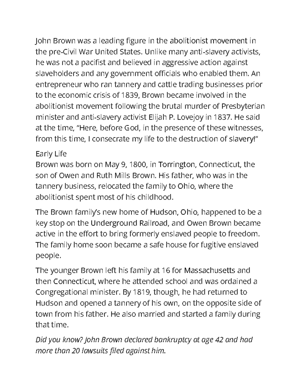 John Brown Notes - John Brown was a leading figure in the abolitionist ...