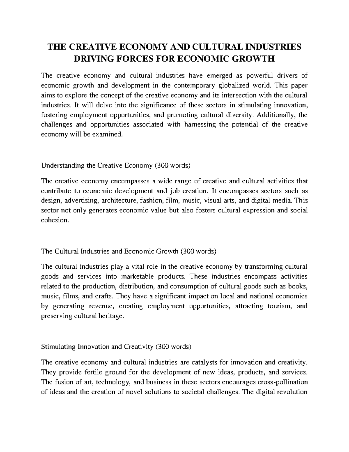 THE Creative Economy AND Cultural Industries Driving Forces FOR ...