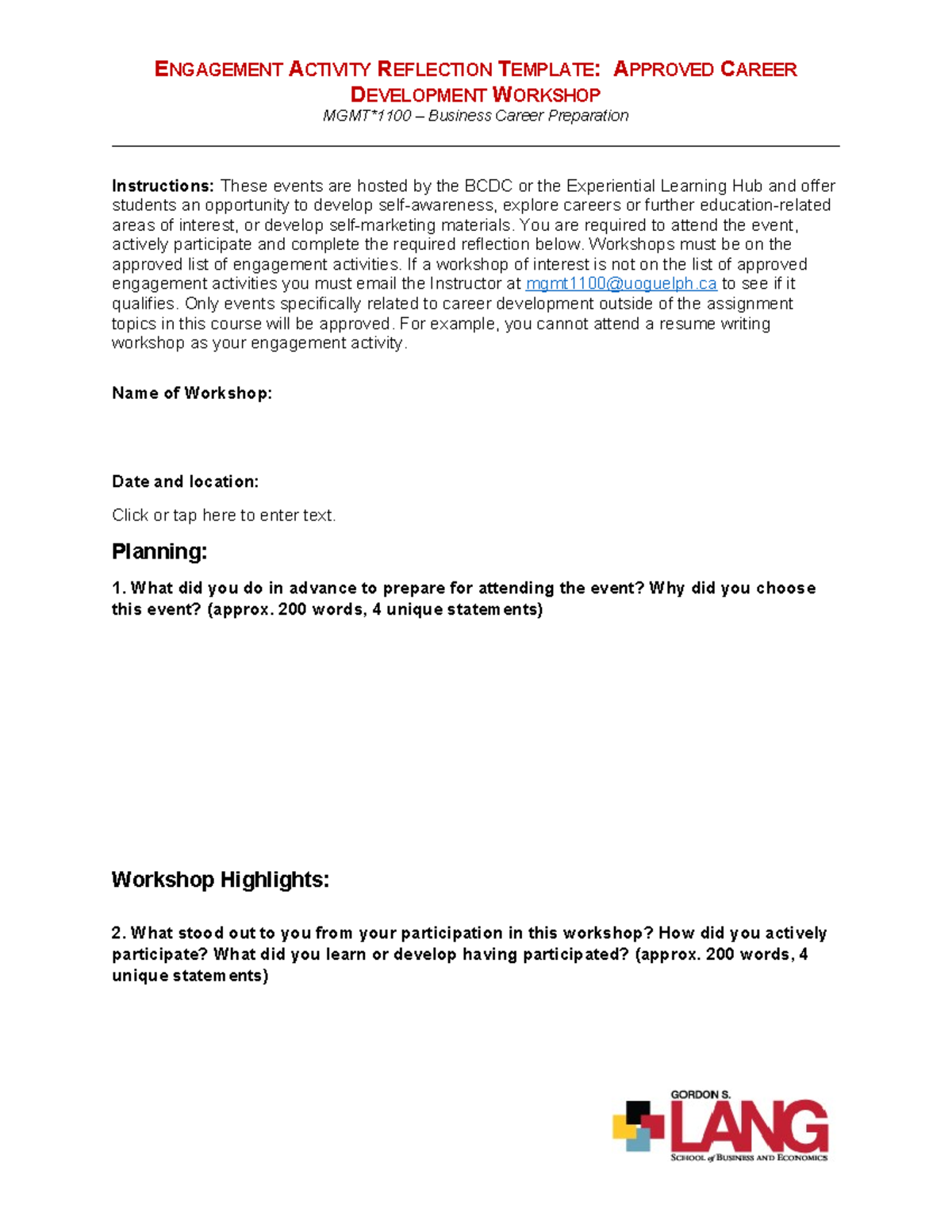 Assessment Engagement Activity Reflection Template - Career Development ...