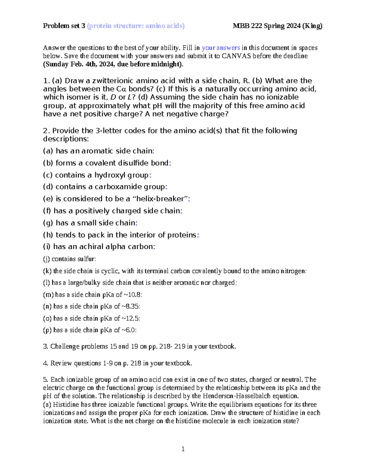 MBB 222 Problem set 3 - Problem set 3 (protein structure: amino acids ...
