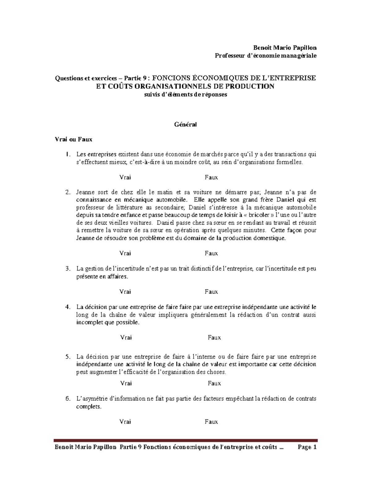 FONCIONS ÉCONOMIQUES DE L’ENTREPRISE ET COÛTS ORGANISATIONNELS DE ...