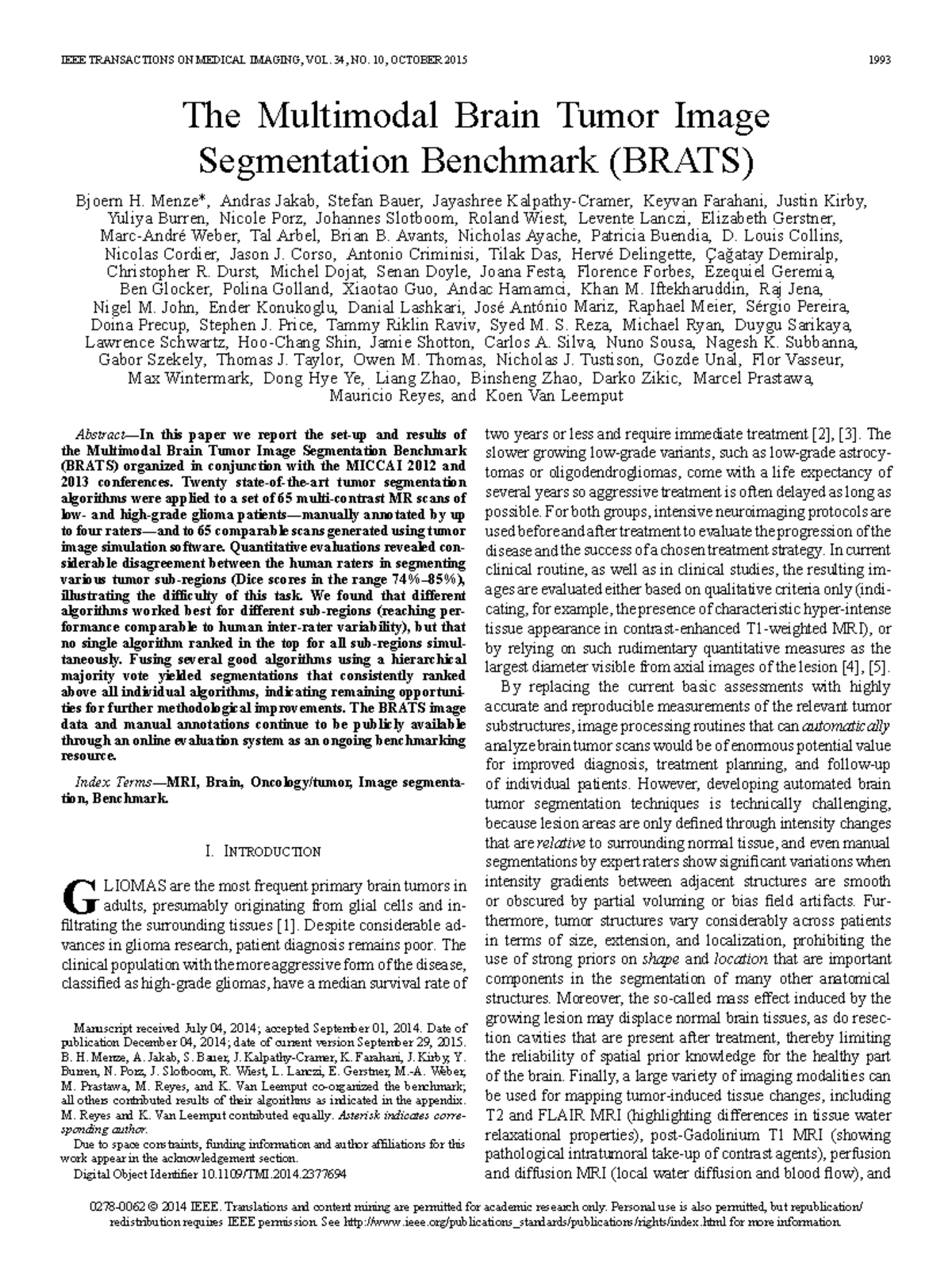 The Multimodal Brain Tumor Image Segmentation Benchmark Brats Ieee Transactions On Medical