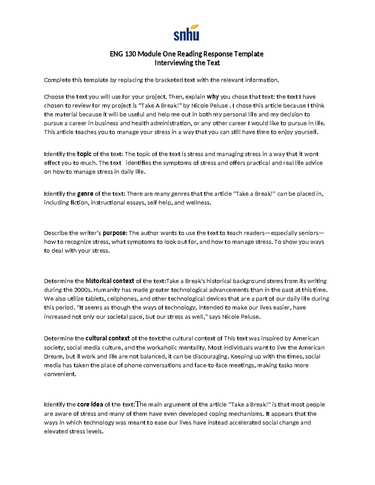 ENG 130 Module One Reading Response Template - ENG 130 Module One ...