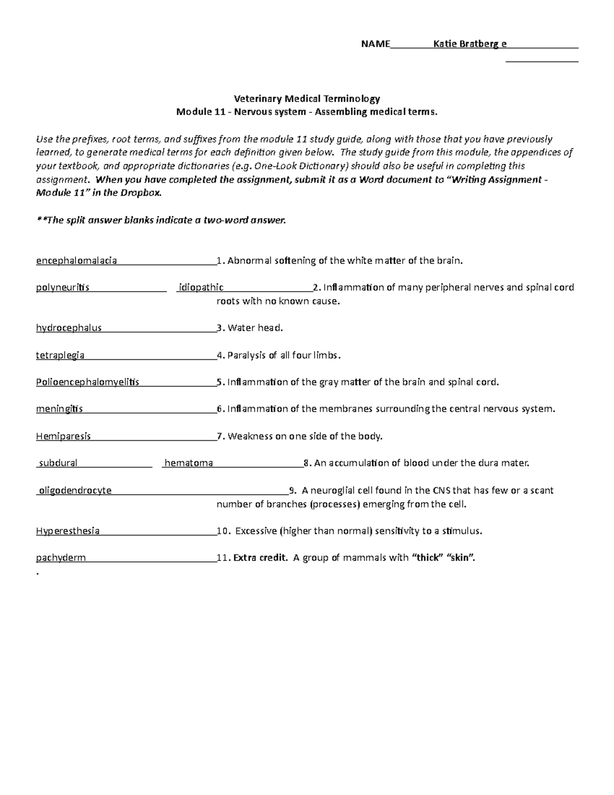 Writing assignment module 11 - NAME Katie Bratberg e Veterinary Medical ...