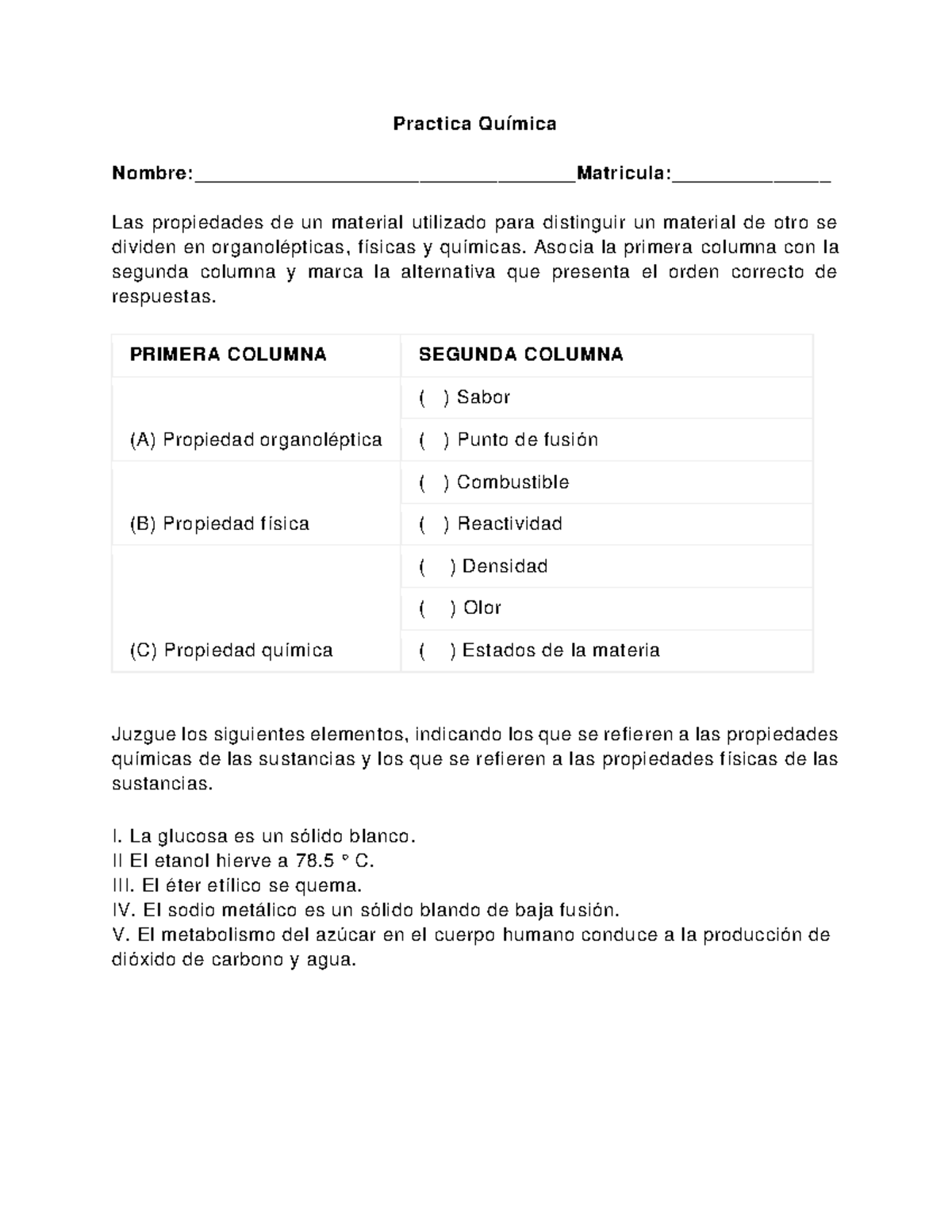 Ejercicios Propiedades de la Materia - Practica Química Nombre ...