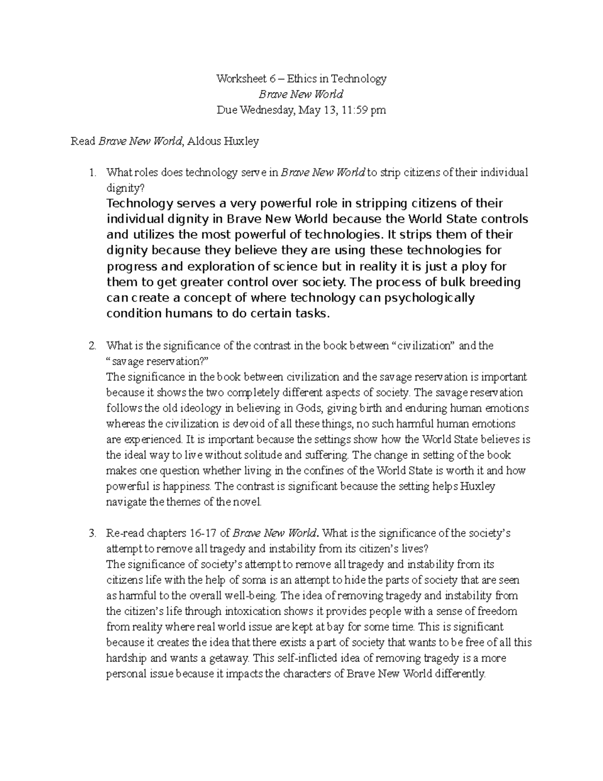 ET - Worksheet 6 - Worksheet 6 – Ethics in Technology Brave New World ...
