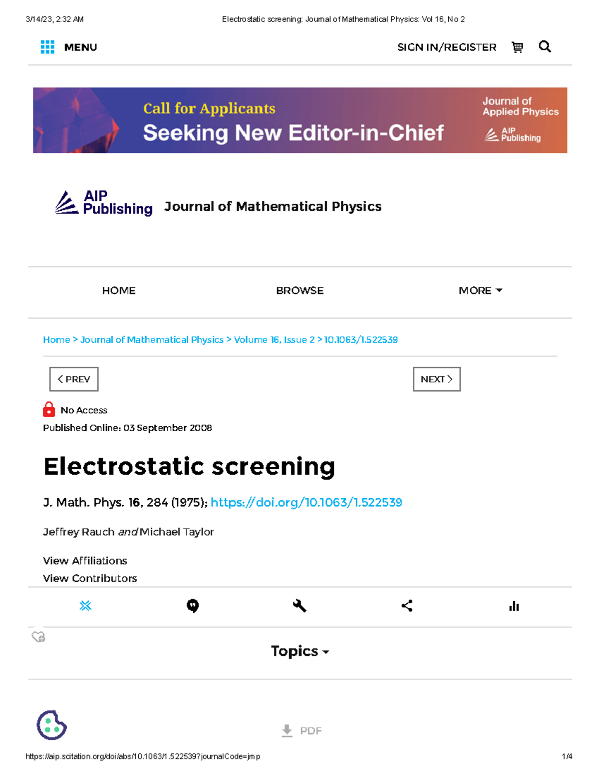 Electrostatic Screening Journal Of Mathematical Physics Vol 16 No 2