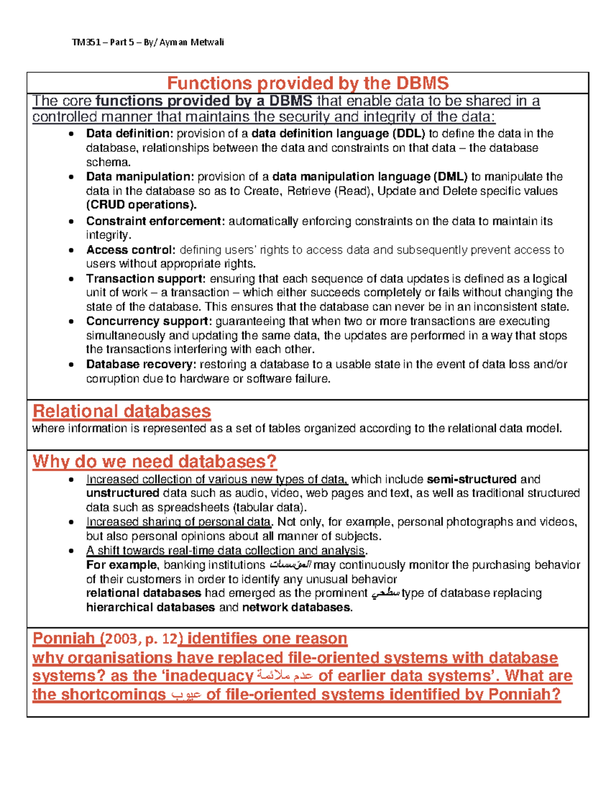 TM351 part 8 - TM351 – Part 5 – By/ Ayman Metwali Functions provided by the DBMS The core ...