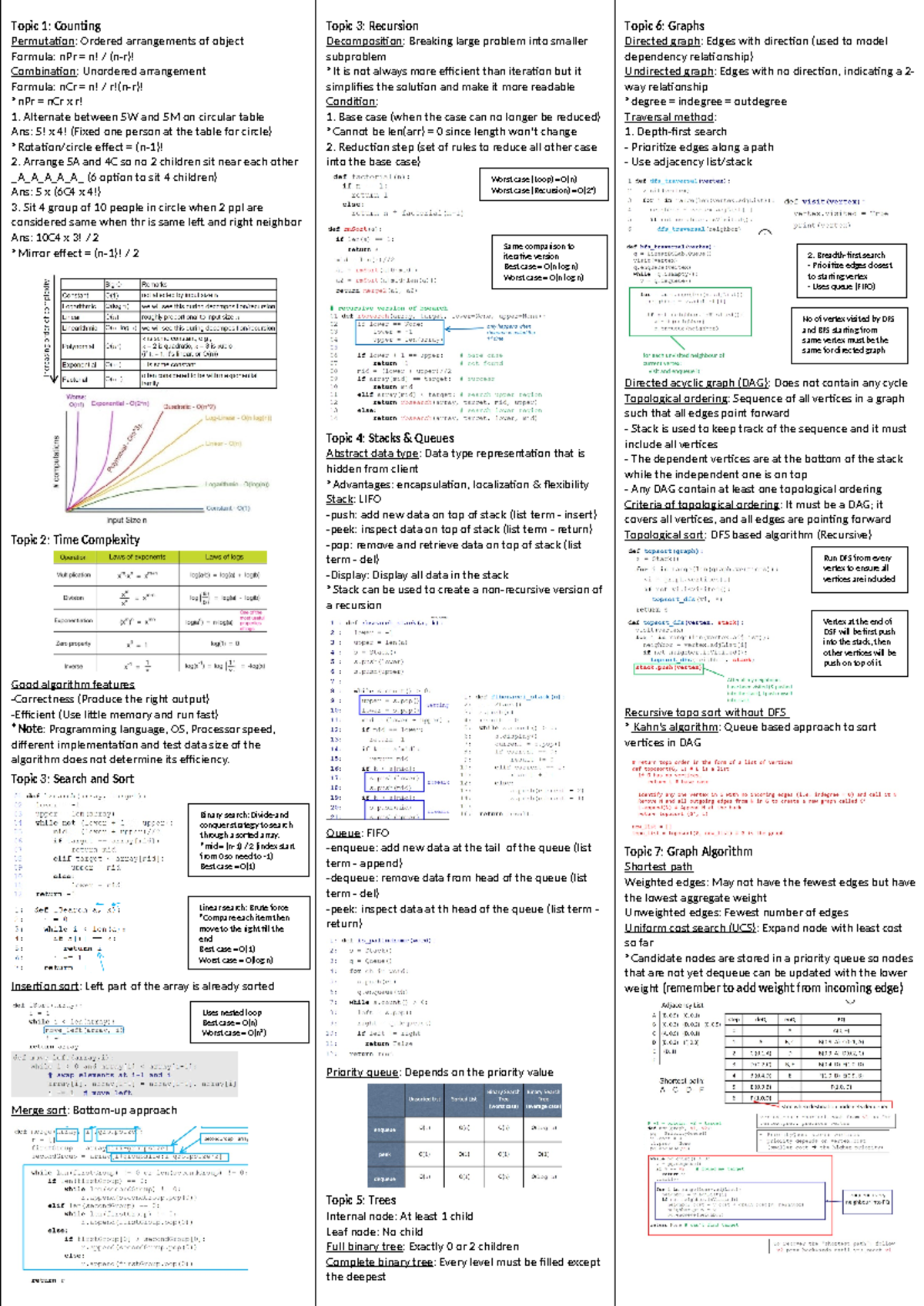 Finals cheatsheet - Topic 1: Counting Permutation: Ordered arrangements of object Formula: nPr ...
