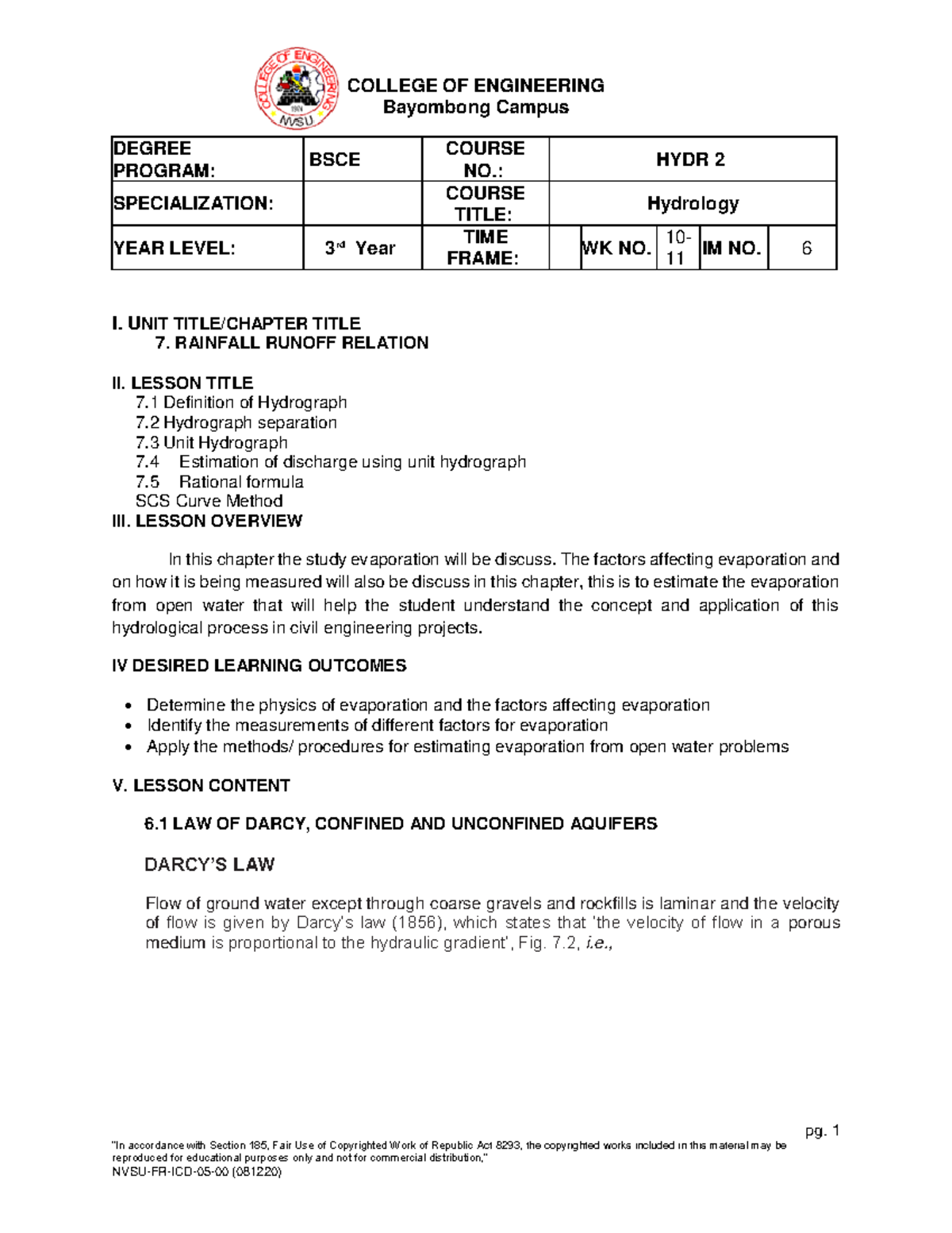 Module 5 hydr 2 - Bayombong Campus DEGREE PROGRAM: BSCE COURSE NO ...
