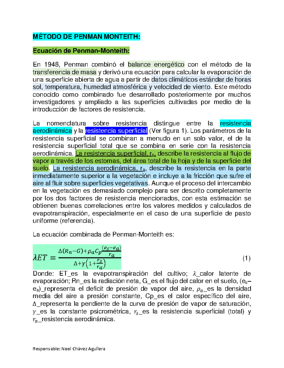 Unidad III-ETo Penman Monteith Rev 1-2024 - MÉTODO DE PENMAN MONTEITH: Ecuación de Penman ...