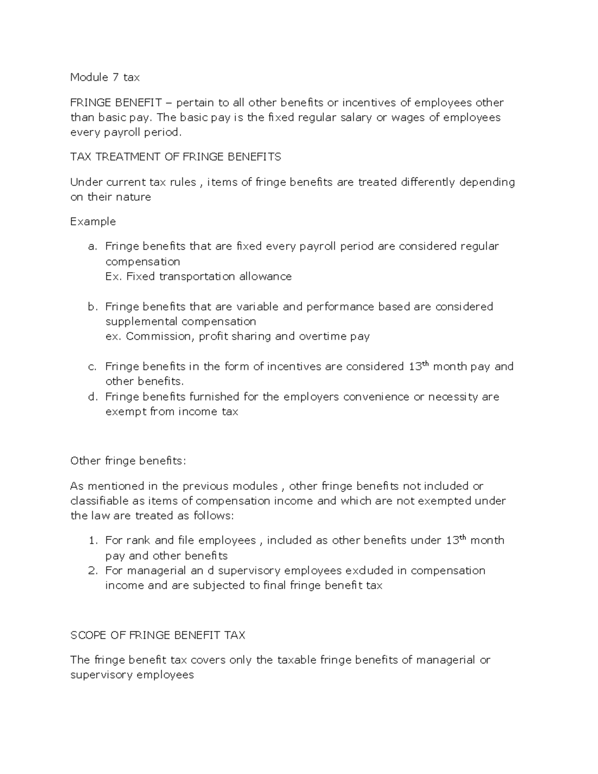 Module-7-tax - Module-7-tax - Module 7 tax FRINGE BENEFIT – pertain to ...