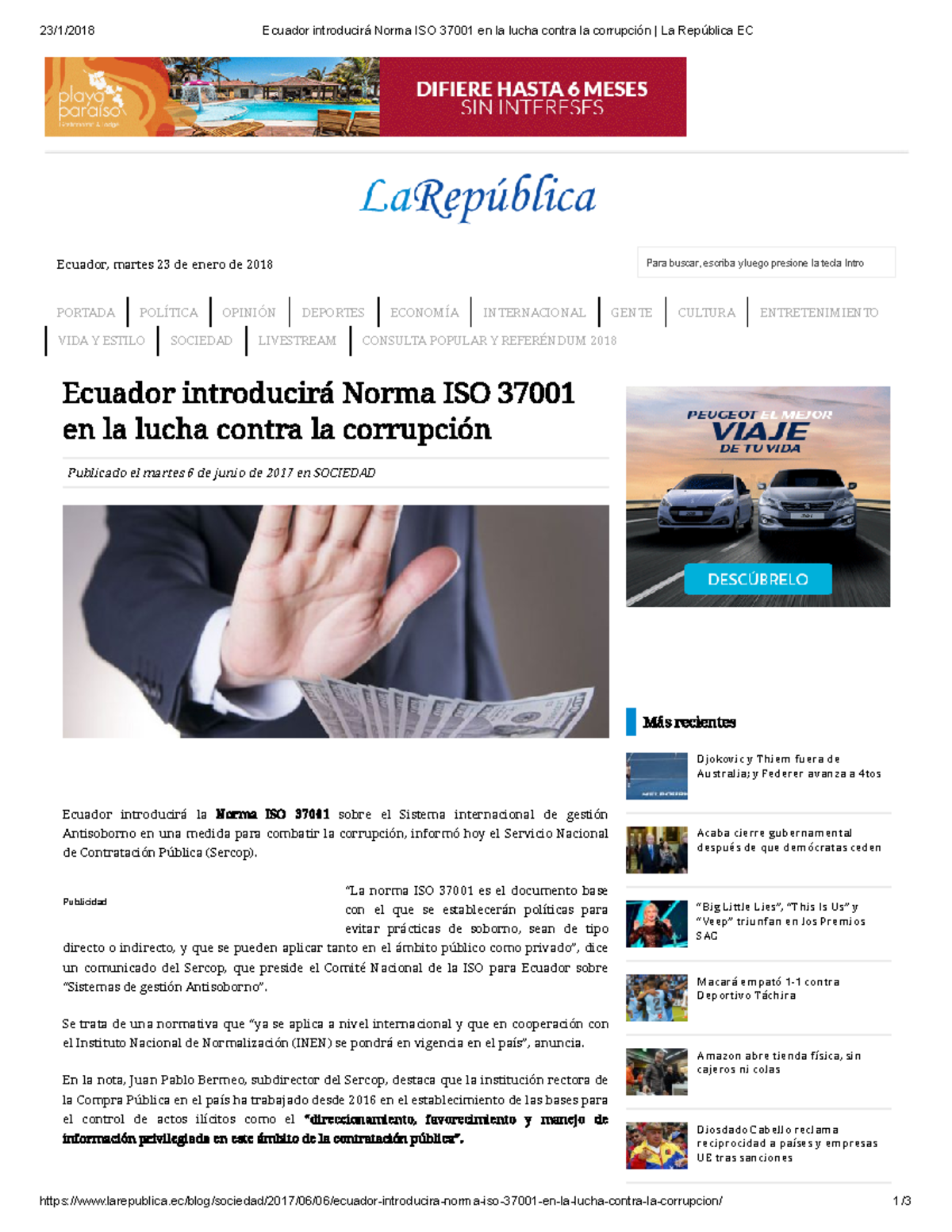 Ecuador introducirá ISO 37001 contra corrupción - 23/1/2018 Ecuador ...