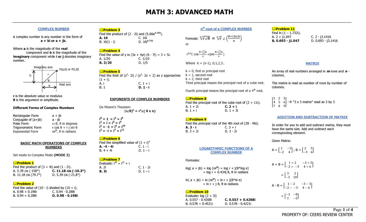 Advanced-MATH Handout - Page 1 of 4 COMPLEX NUMBER A complex number is ...