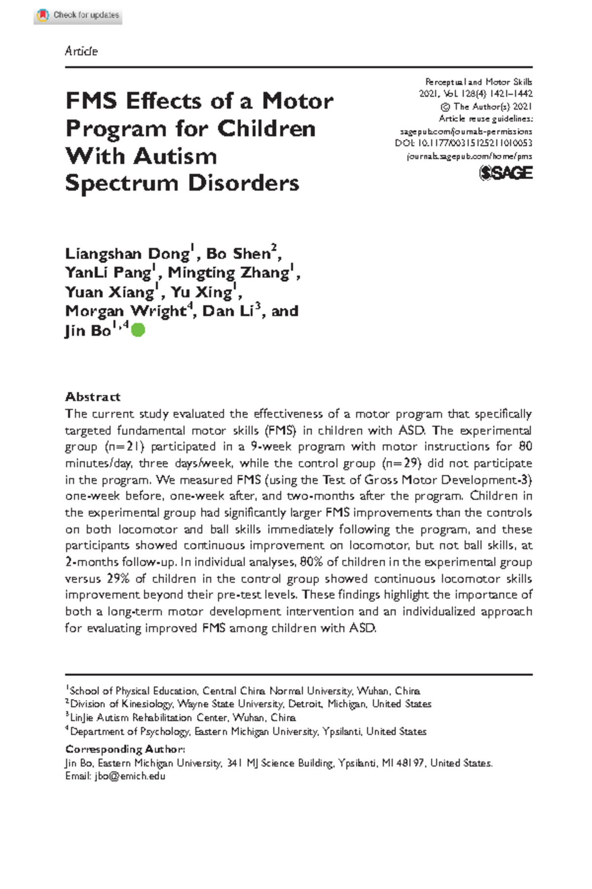 FMS autism program - Reading EDUC1014 - Article FMS Effects of a Motor ...