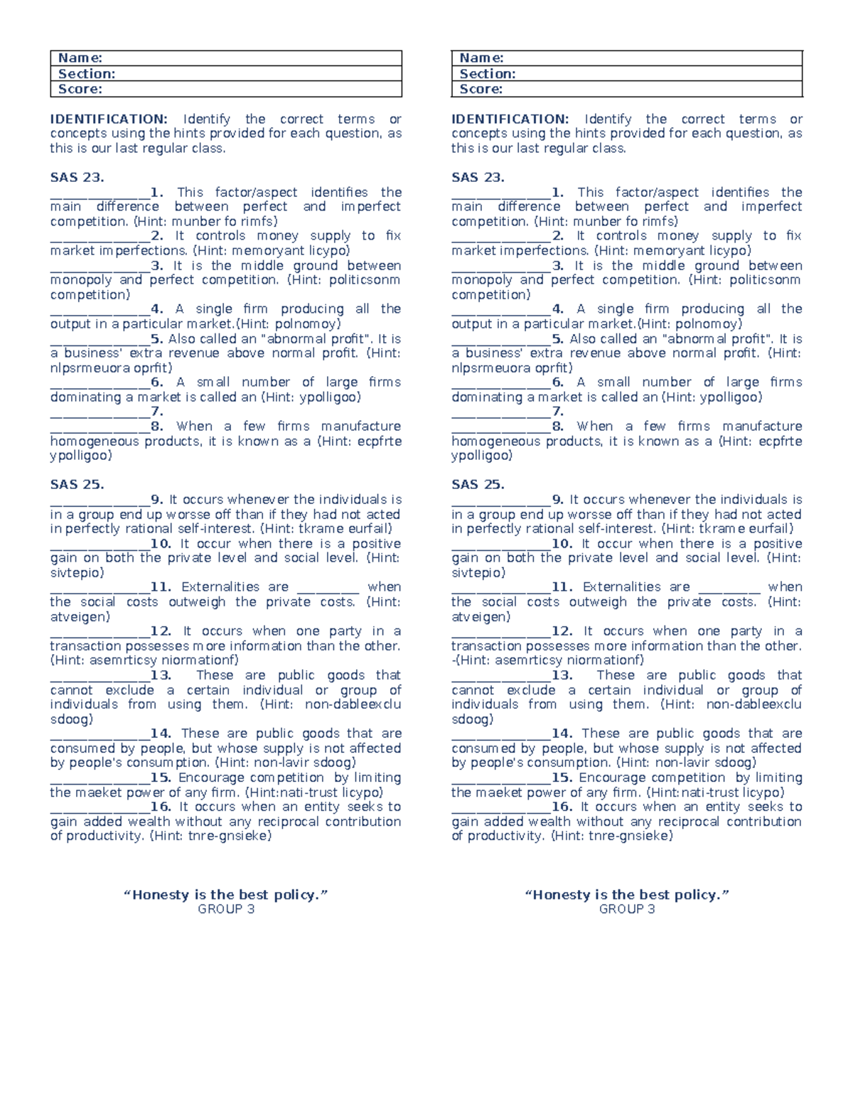 Activity in Manecon - Name: Section: Score: IDENTIFICATION: Identify the correct terms or ...