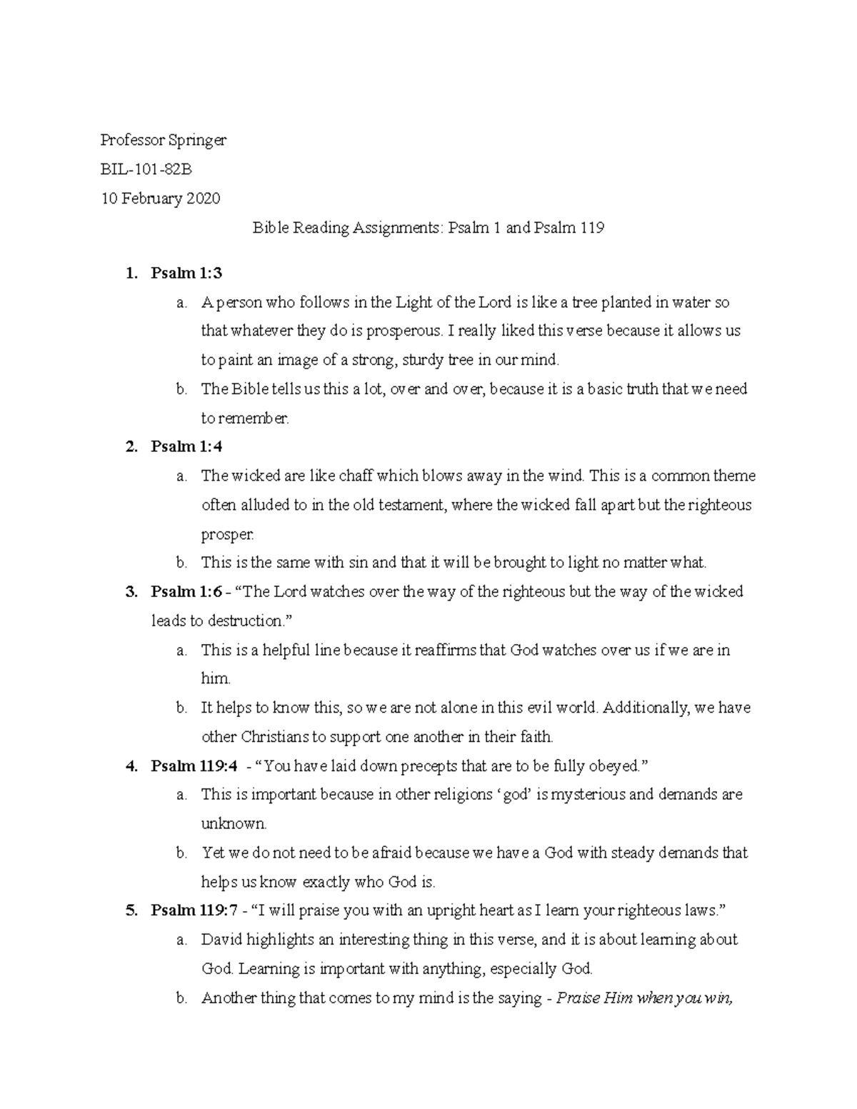 Bible Reading Assignments Psalm 1 and Psalm 119 - Professor Springer ...