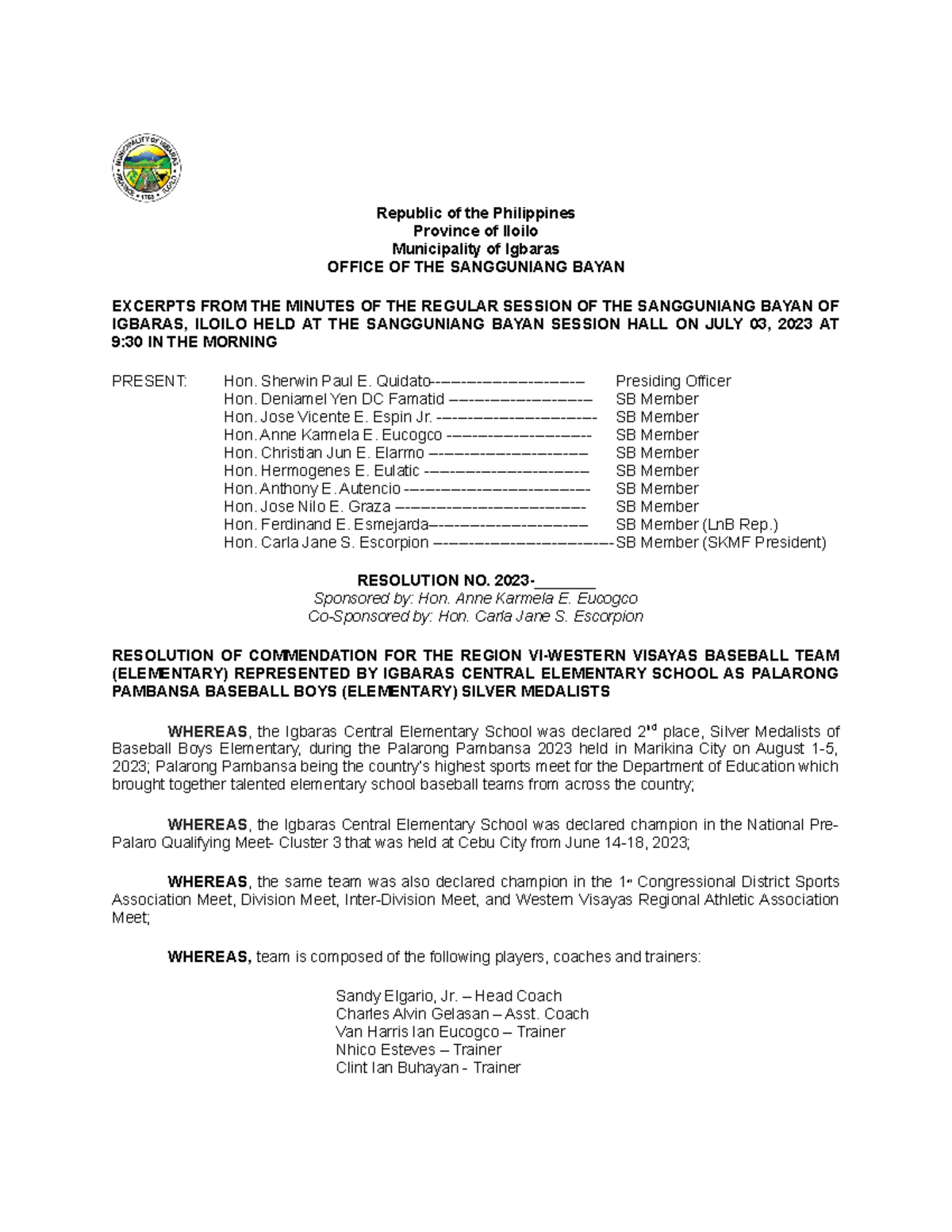 resolution of commendation - Republic of the Philippines Province of ...