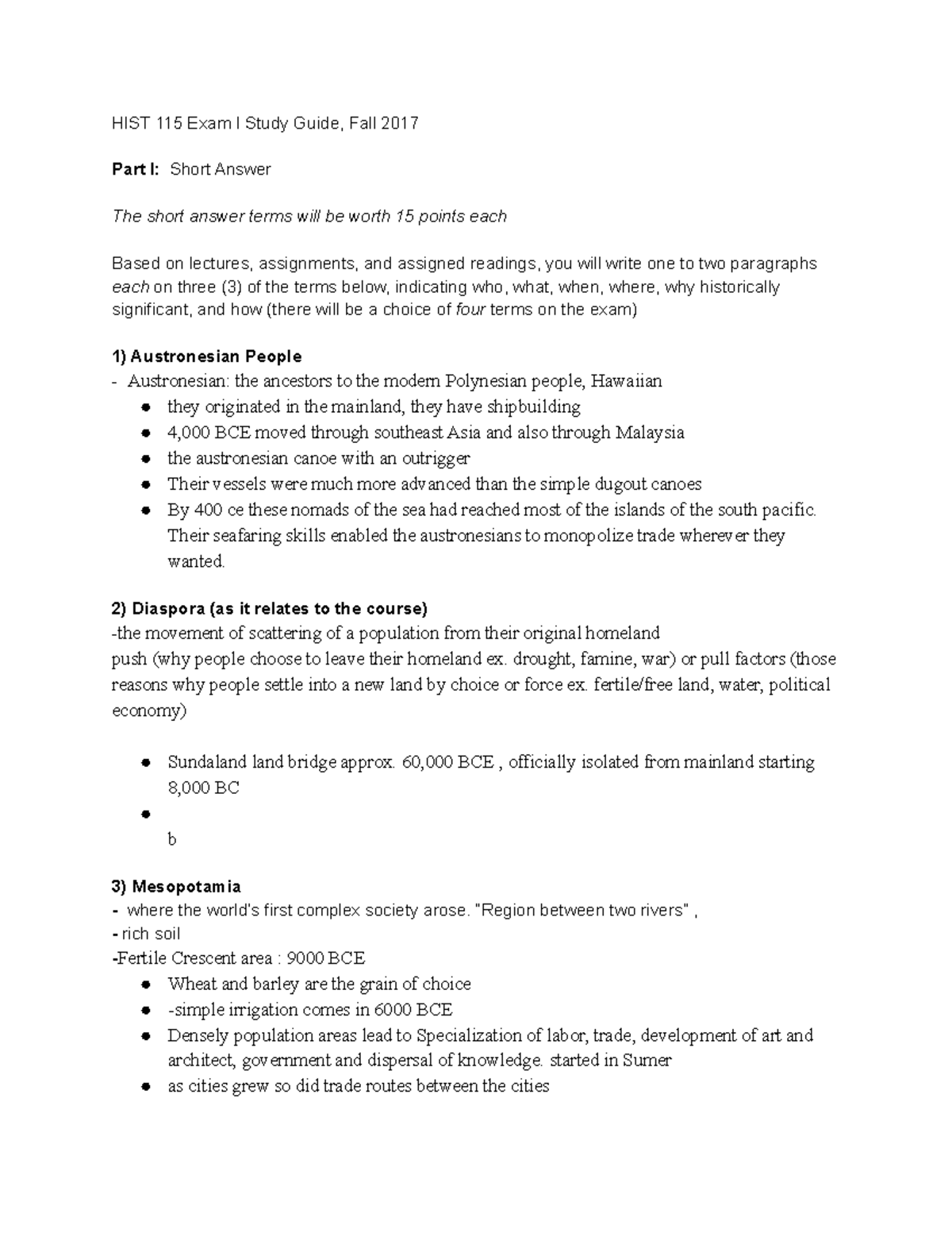 History midterm study guide - HIST 115 Exam I Study Guide, Fall 2017 ...
