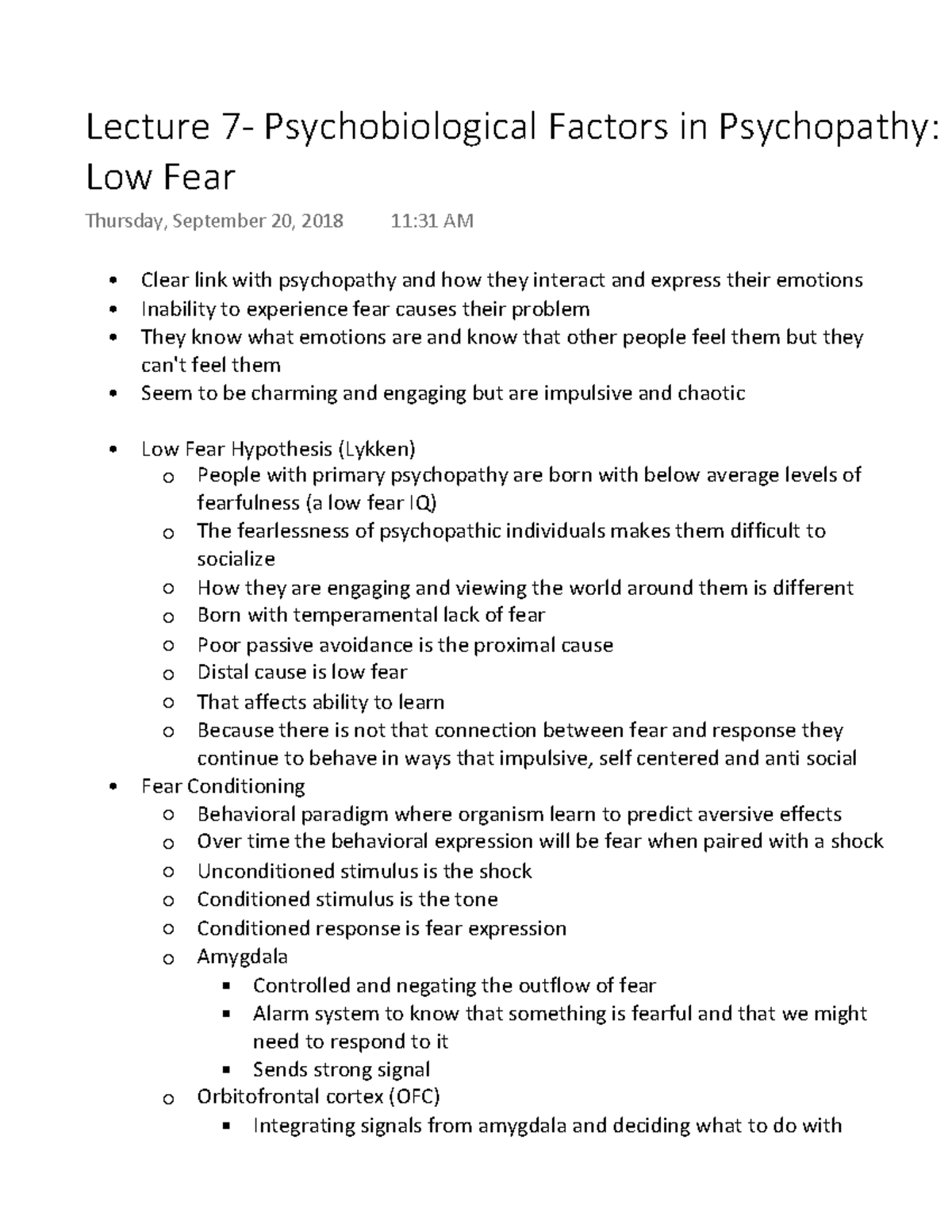Lecture 7- Psychobiological Factors in Psychopathy Low Fear - Clear ...