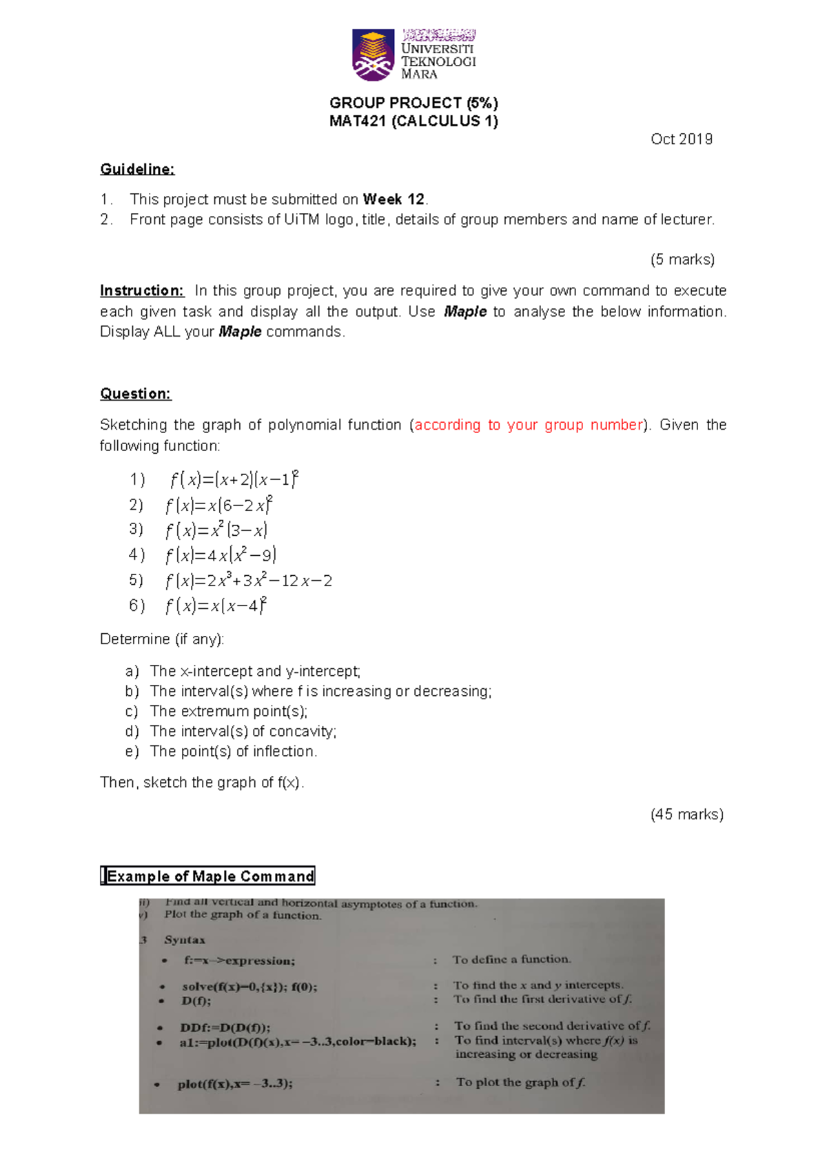 Assignment mat421 OCT 2019 - GROUP PROJECT (5%) MAT421 (CALCULUS 1) Oct 2019 Guideline: This ...